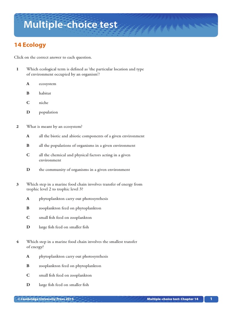 Multiple-Choice Test: 14 Ecology | PDF | Ecosystem | Ecology