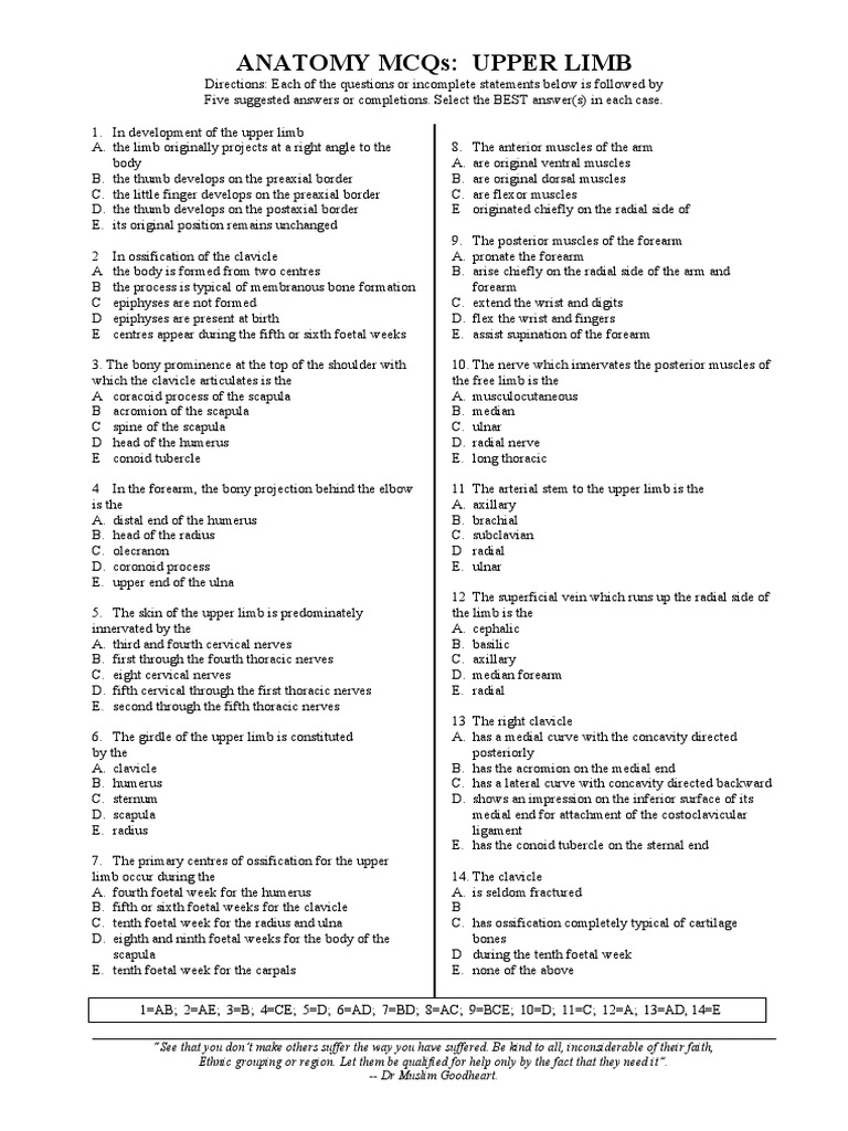 5 Upper Limb MCQ Final | PDF | Elbow | Thumb