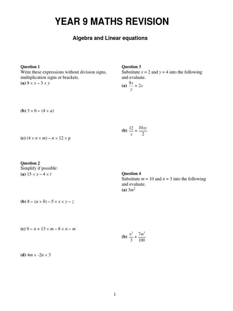 Y9 Algebra Linear Equations Revision 2018 | PDF | Factorization ...