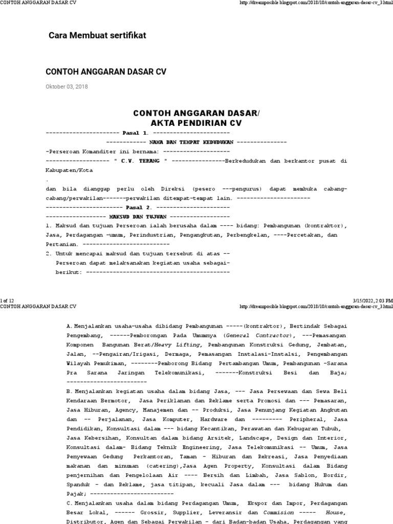 Contoh Anggaran Dasar CV A | PDF