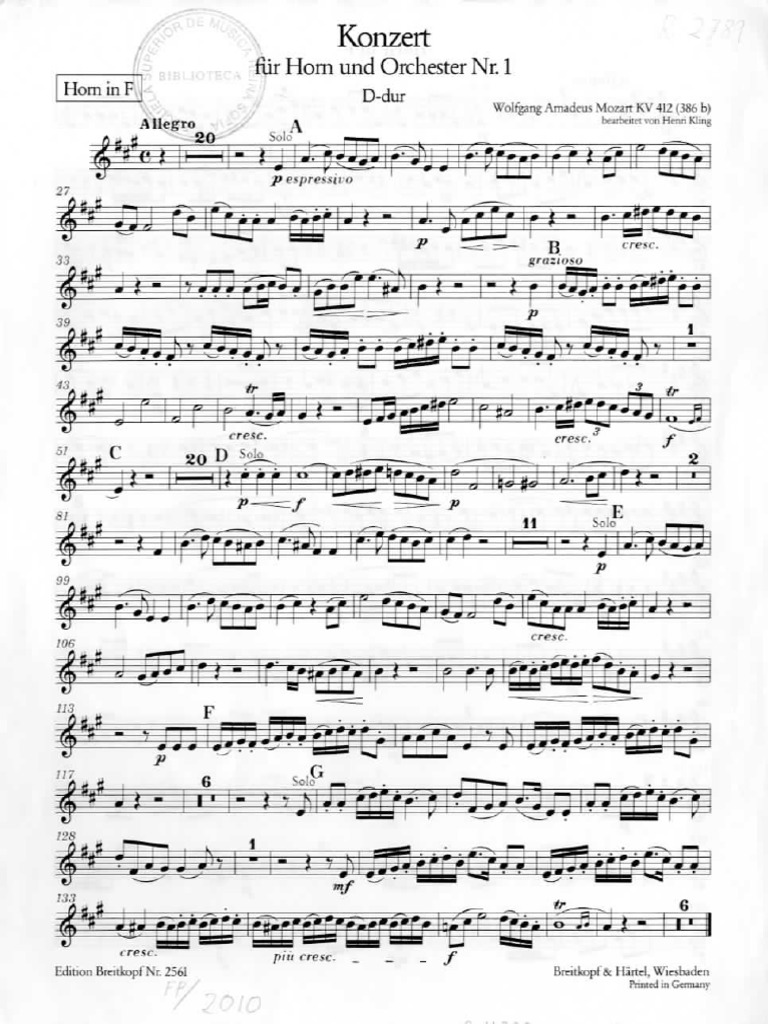 MOZART Concierto para Trompa y Orquesta en Re Mayor K 412 Trompa | PDF
