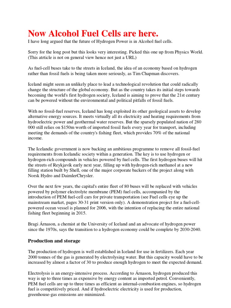 Now Alcohol Fuel Cells Are Here | PDF | Hydrogen Economy | Fuel Cell