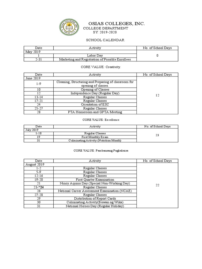 School Calendar 2019-2020 | PDF