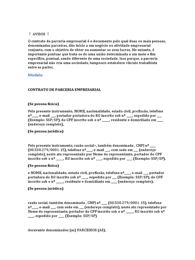 Modelo Contrato de Parceria Empresarial | PDF | Arbitragem | Direito Civil (sistema jurídico)