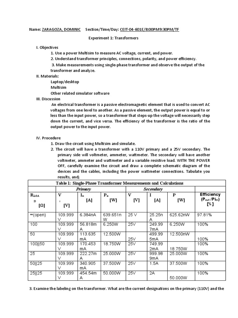 Zaragoza Dominic EE07L TF Experiment 1 | PDF | Transformer | Electrical Network