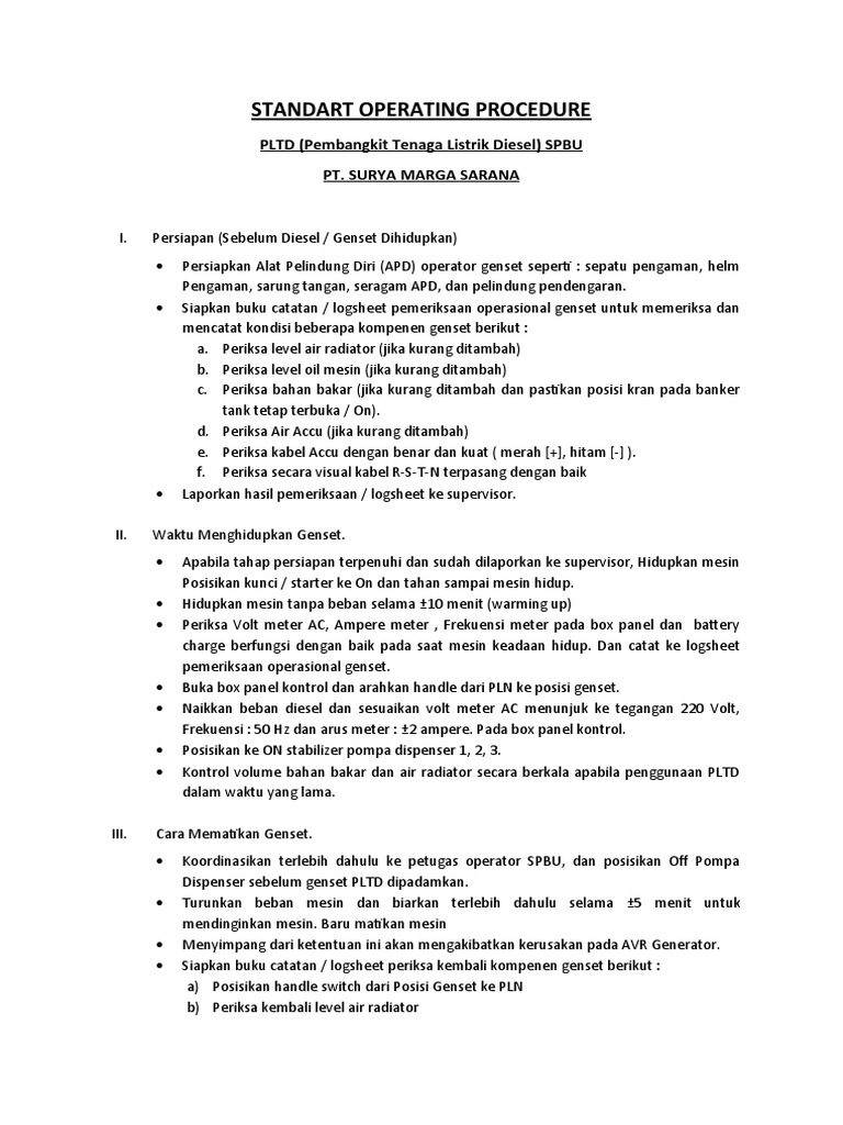 Standart Operating Procedure Genset Spbu | PDF