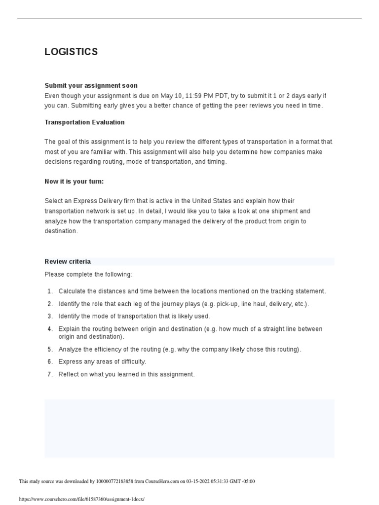 Logistics: Submit Your Assignment Soon | PDF | Routing | Transport