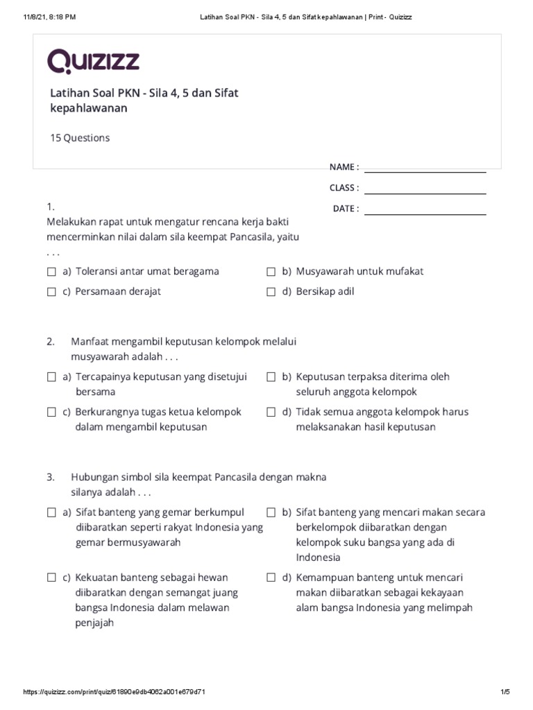 Latihan Soal PKN - Sila 4, 5 Dan Sifat Kepahlawanan - Print - Quizizz | PDF
