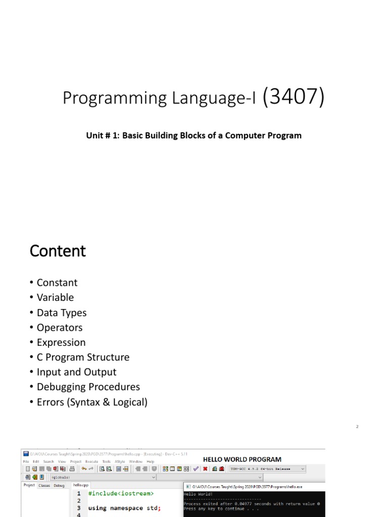 Programming Language-I: Unit # 1: Basic Building Blocks of A Computer ...