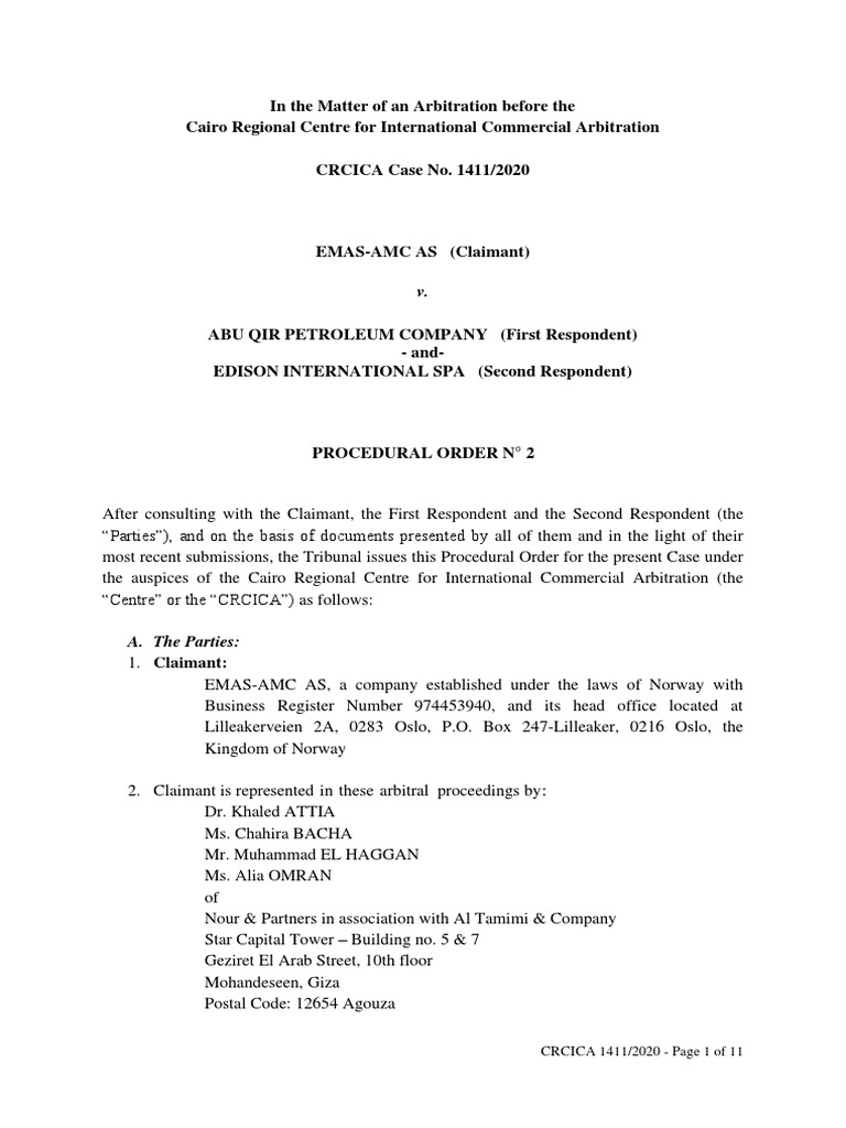 CRCICA 1141-Procedural Order No 2 - 2-9-2020 | PDF | Arbitration ...