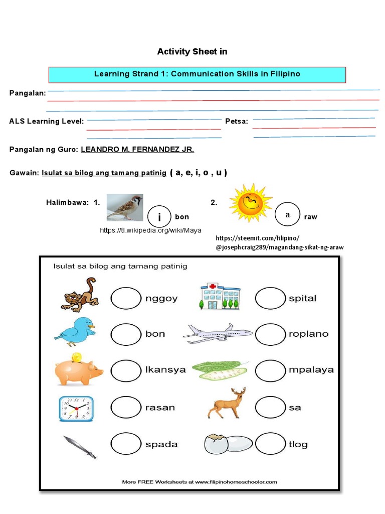 Patinig Worksheet 1.1. Mae AnnAG | PDF