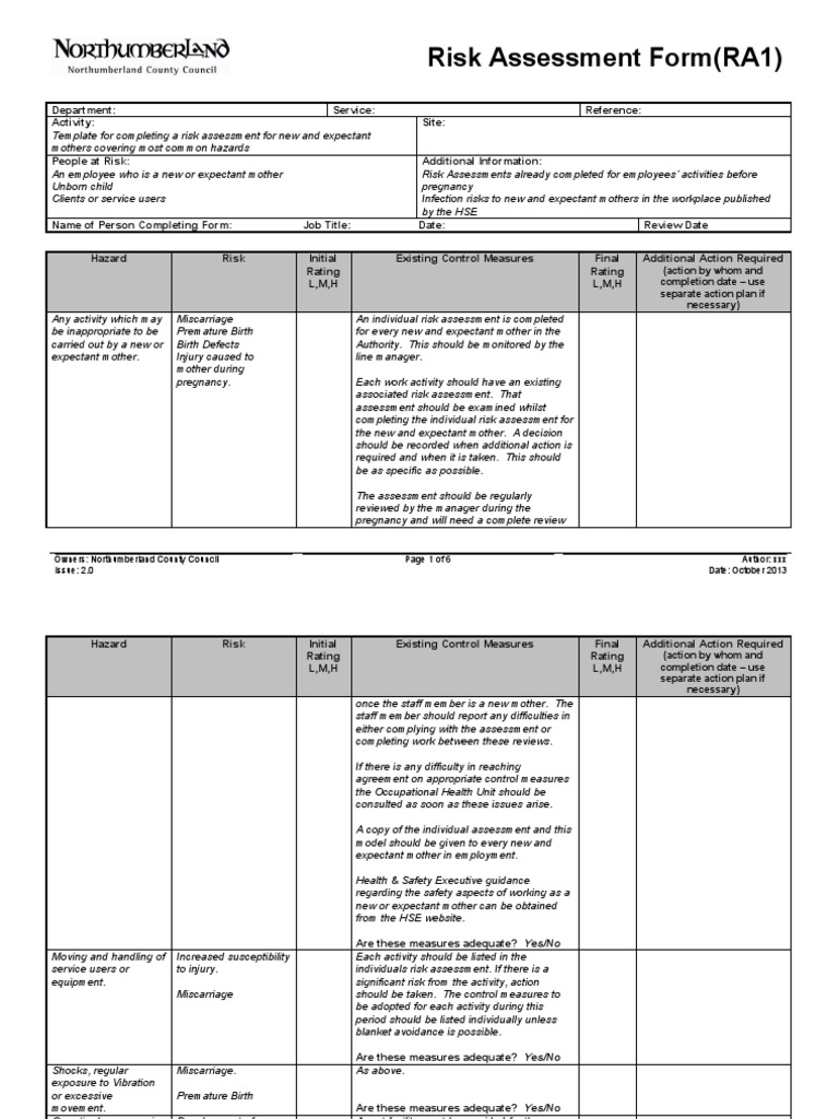 Risk Assessment Form (RA1) : (Action by Whom and Completion Date - Use ...