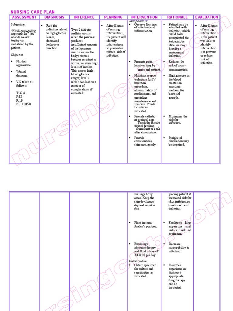 Nursing Care Plan: Assessment Diagnosis Inference Planning Intervention ...