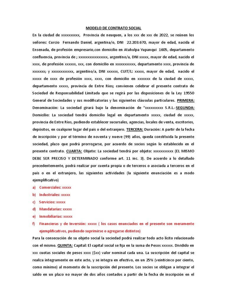 CONTRATO SRL Modelo Contrato Social | PDF | Sociedad de responsabilidad limitada | Economias