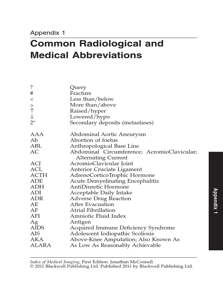 Index of Medical Imaging - 2011 - McConnell - Appendix 1 Common Radiological and Medical ...