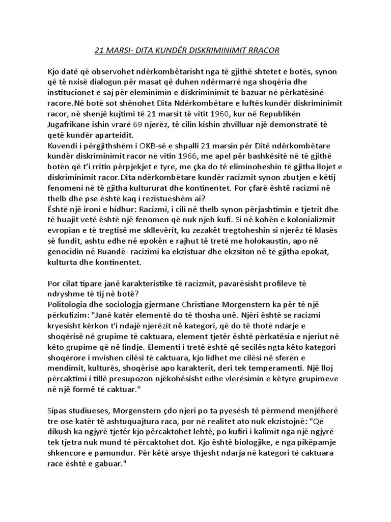 21 Marsi-Dita Kundër Diskriminimit Rracor | PDF