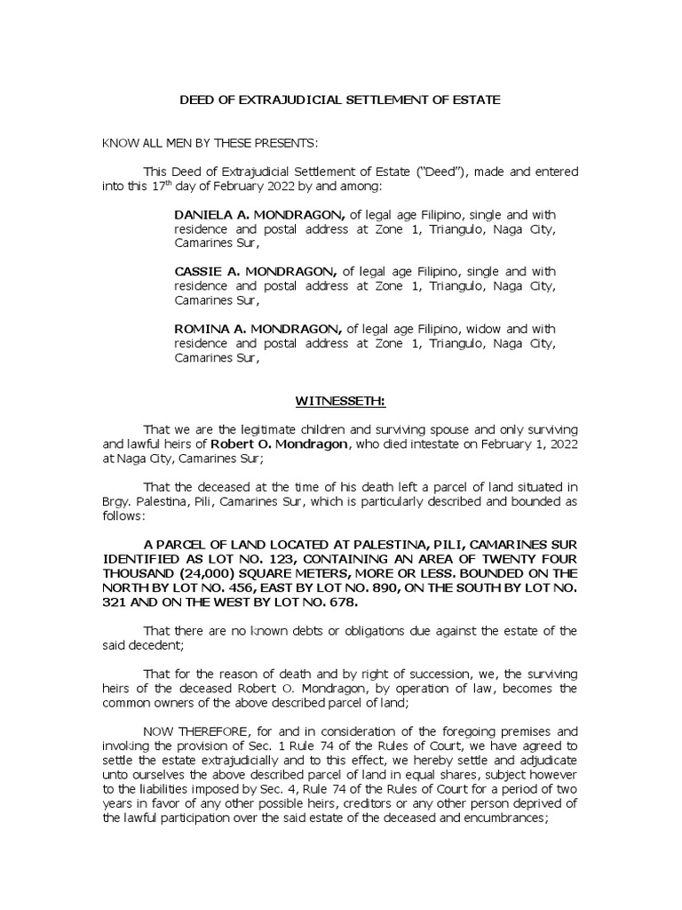 Deed of Extrajudicial Settlement of Estate | Download Free PDF ...