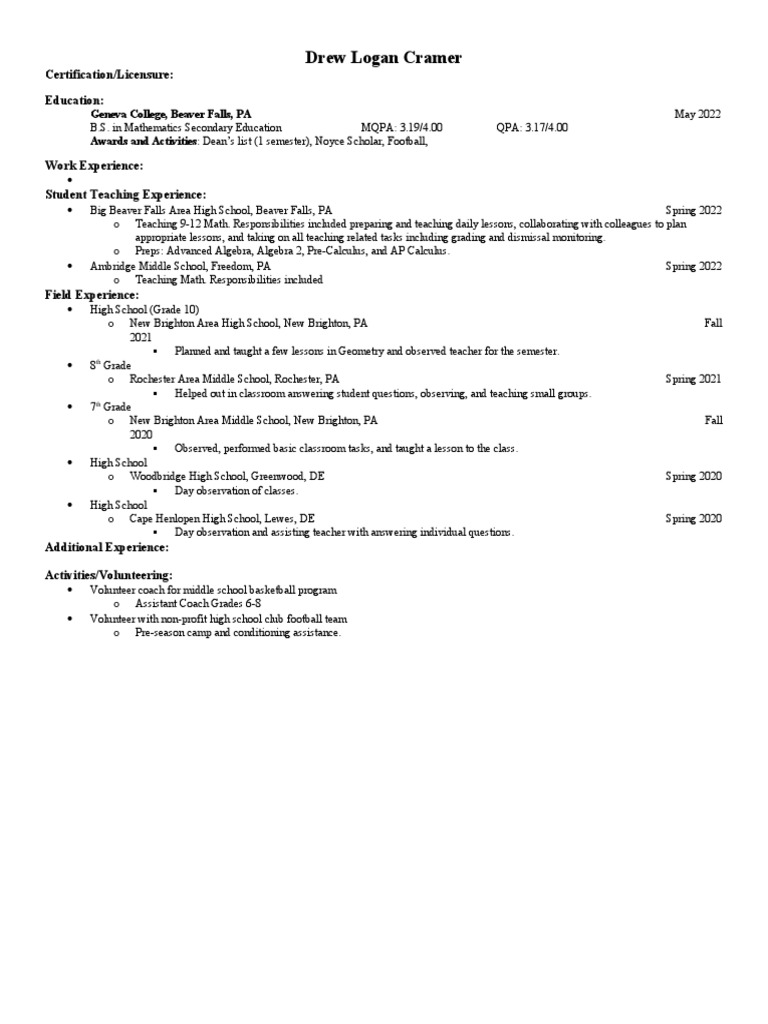Drew Cramer Resume | PDF | Middle Schools | Learning