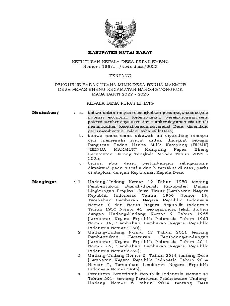 Contoh SK Pengurus BUM Desa | PDF