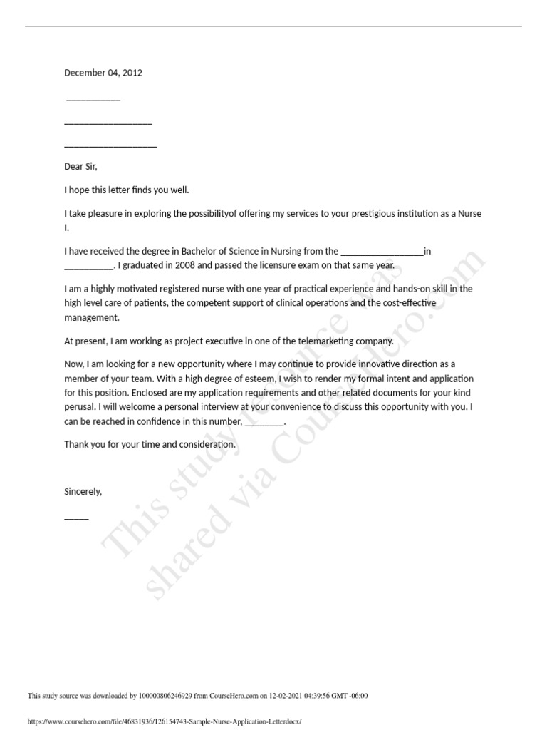 Nurse Application Letter Sample | PDF | Nursing | Medicine