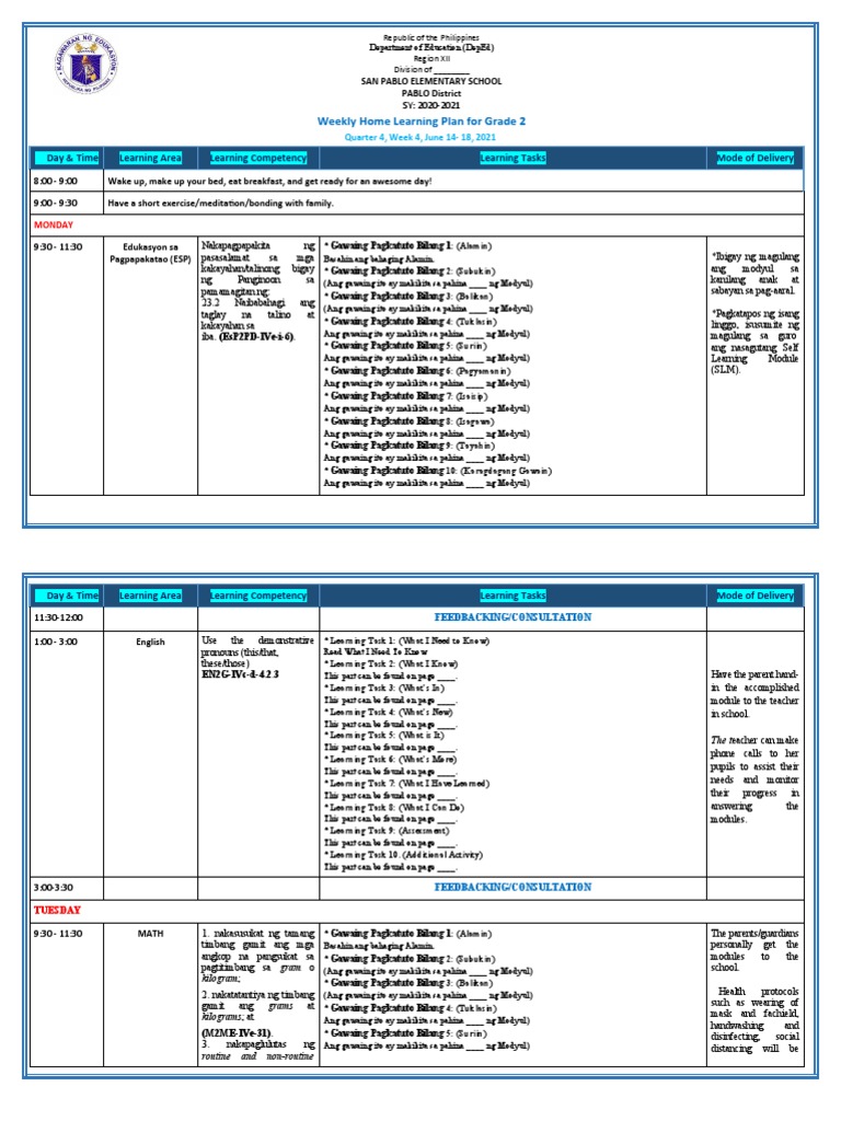 Grade 2 - All Subjects - WHLP - Q4 - W4 | PDF