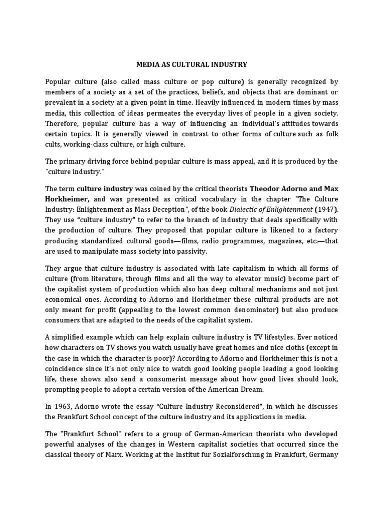 Media As Cultural Industry | PDF | Popular Culture | Theodor W. Adorno