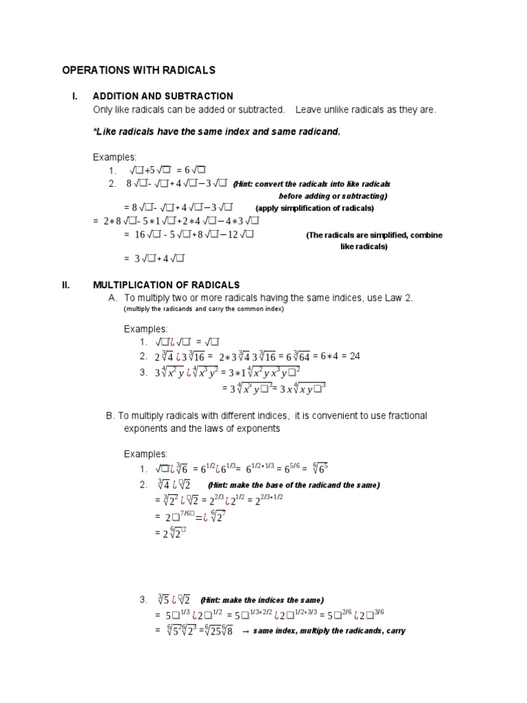 Operations With Radicals: Like Radicals Have The Same Index and Same ...