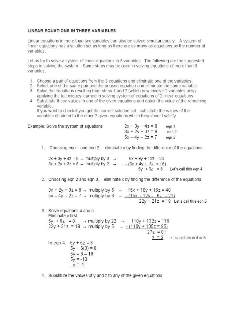 Solving 3 Variable Linear Equations | PDF | Equations | System Of ...
