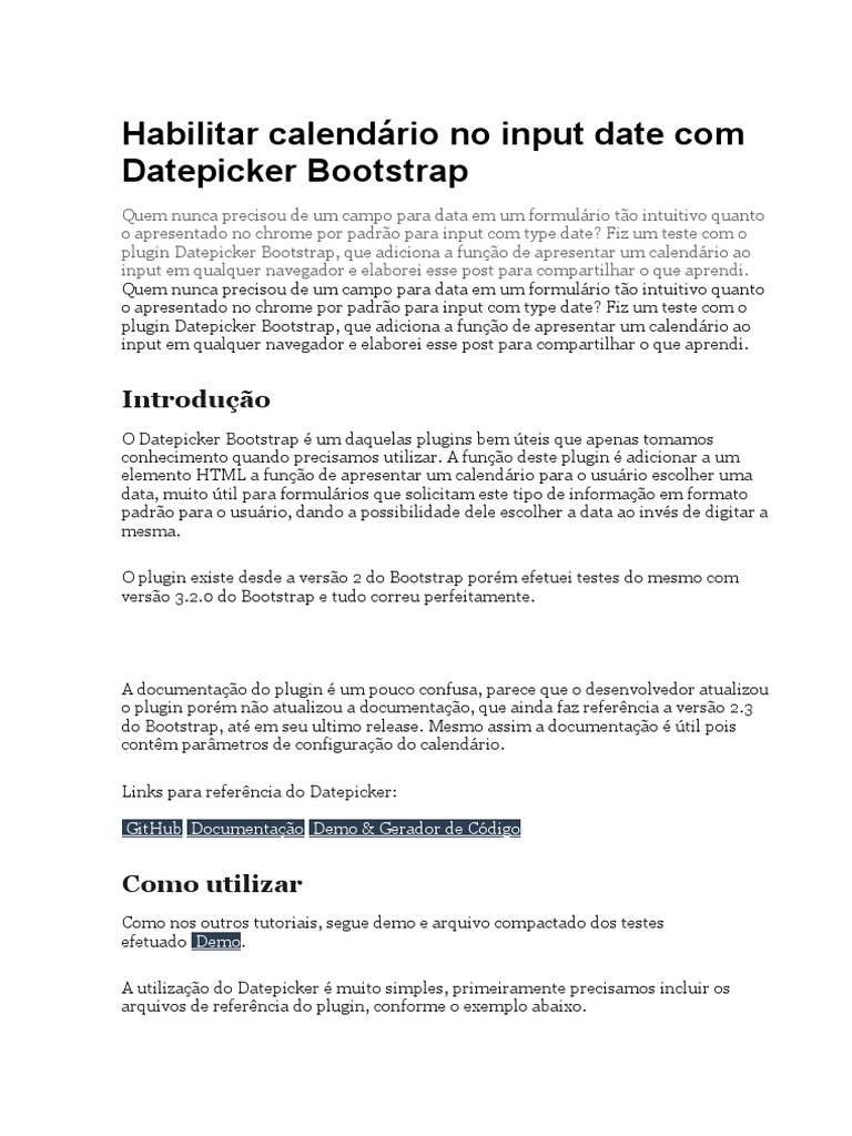 Habilitar Calendário No Input Date Com Datepicker Bootstrap | PDF ...