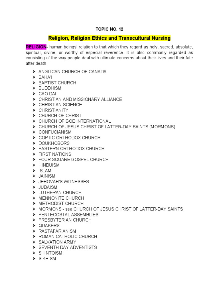 TOPIC 12 RELIGION RELIGION ETHICS TRANSCULTURAL NURSING Handouts | PDF ...