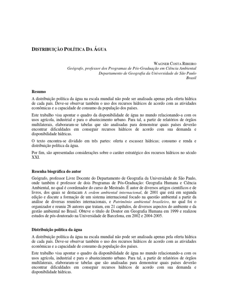 Distribuição Política Da Água - Wagner Costa Ribeiro (USP) | PDF | Água ...