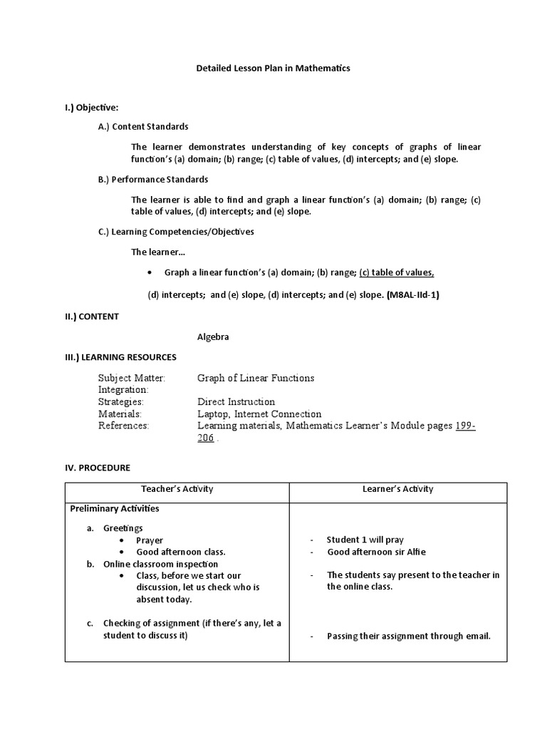 Detailed Lesson Plan in Mathematics | PDF | Function (Mathematics ...