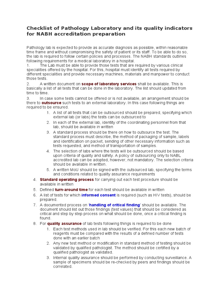 Checklist Of Pathology Laboratory And Its Quality Indicators For Nabh