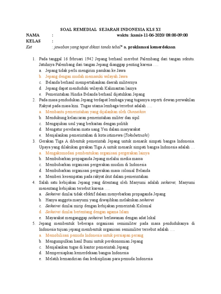 Soal Sejarah Indonesia XI Remed Hfadhil | PDF