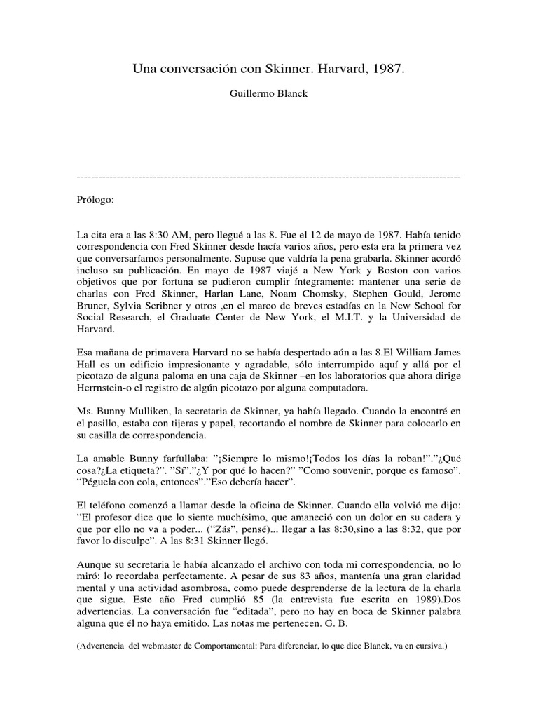 Una Conv Con Skinner, Harvard 1987 | PDF | Aprendizaje | Sicología
