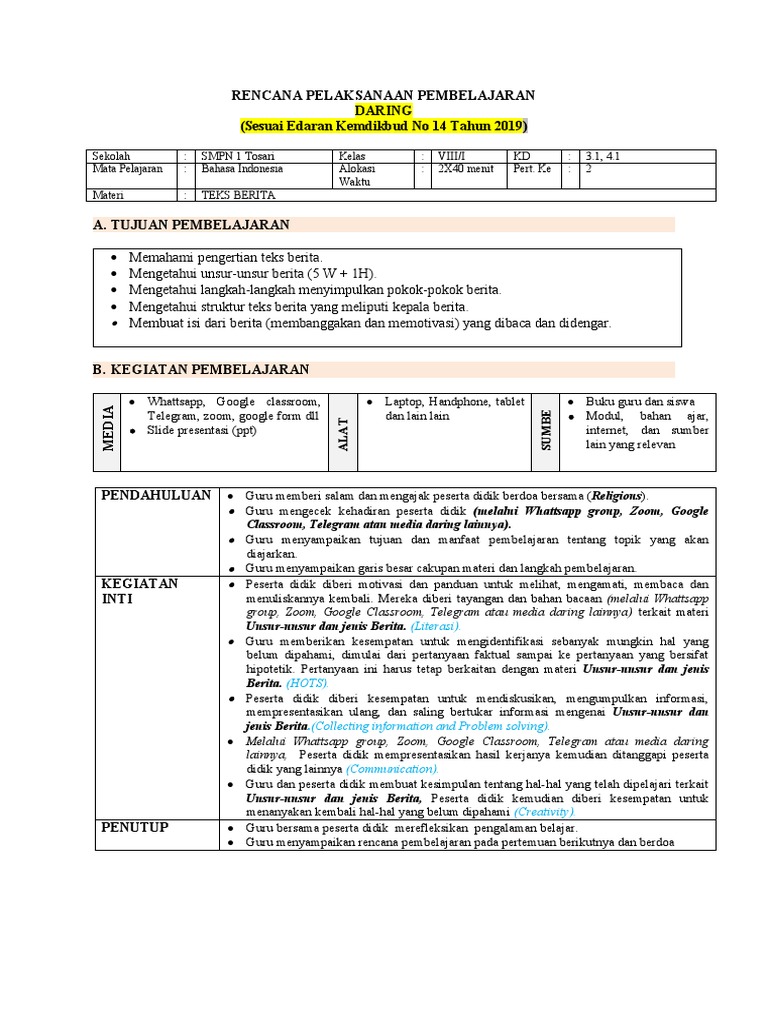 RPP Teks Berita Kelas Viii Kurikulum 2013 | PDF
