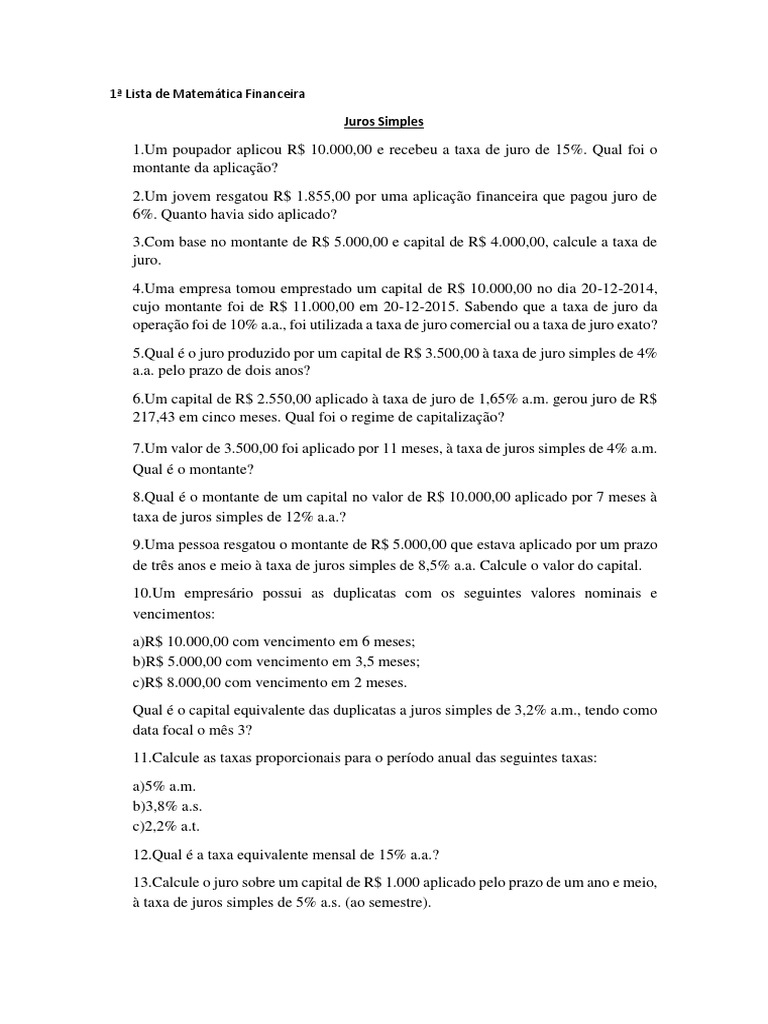 Lista de Exercícios - Juros Simples | PDF