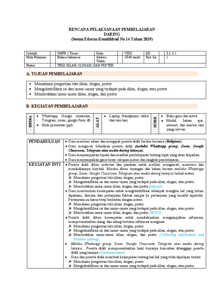 RPP Teks Iklan, Slogan, Dan Poster Kelas Viii | PDF