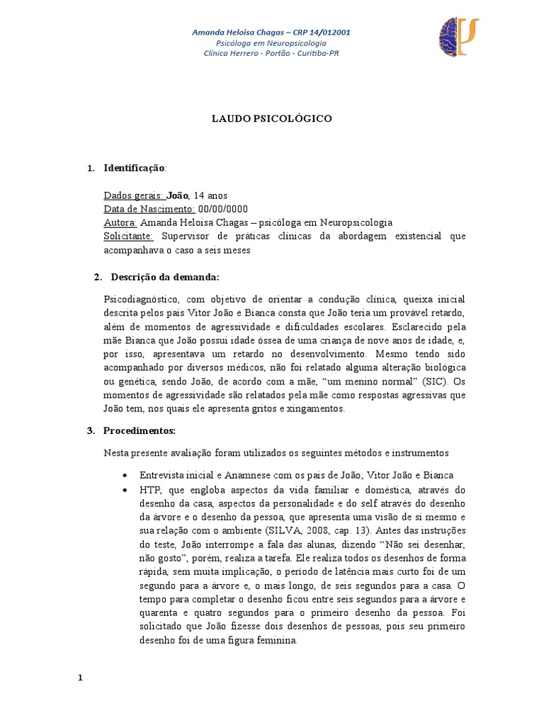 Modelo Laudo Psicológico 2019 | PDF | Psicologia | Neuropsicologia