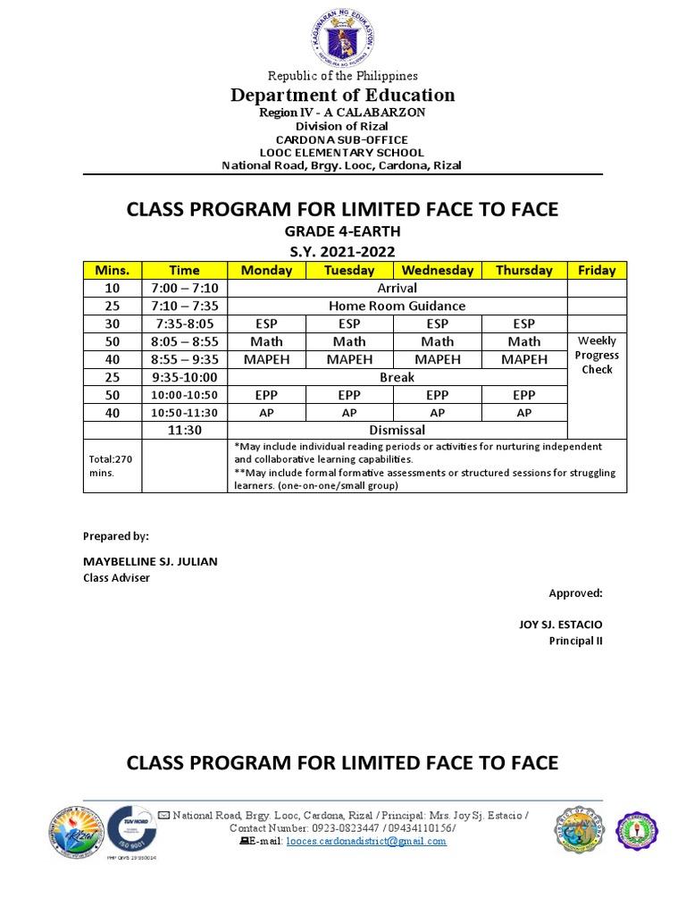 Grade 4 Class Program | PDF | Psychology | Applied Psychology