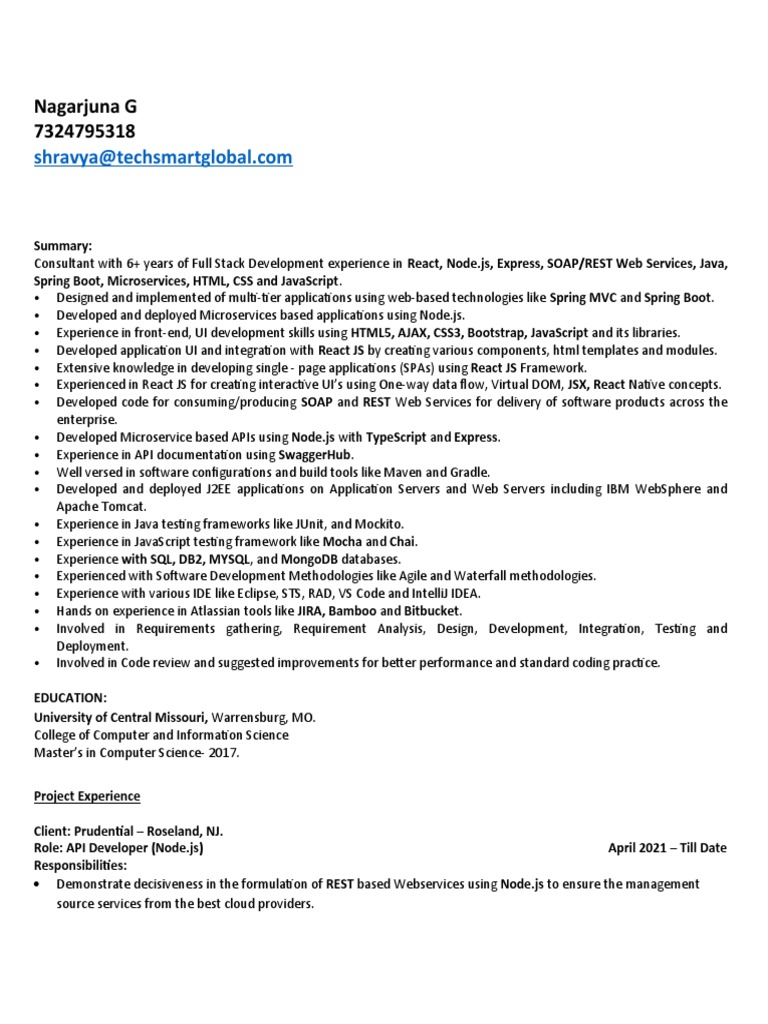 A Comprehensive Resume Detailing Full Stack Development Experience and ...
