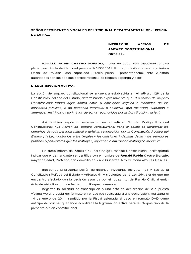 Amparo Constitucional Bolivia | PDF | Debido al proceso | Ley procesal