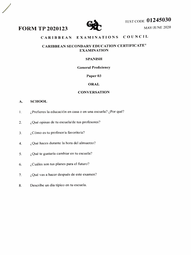 Csec Spanish June 2020 Oral Questions | PDF