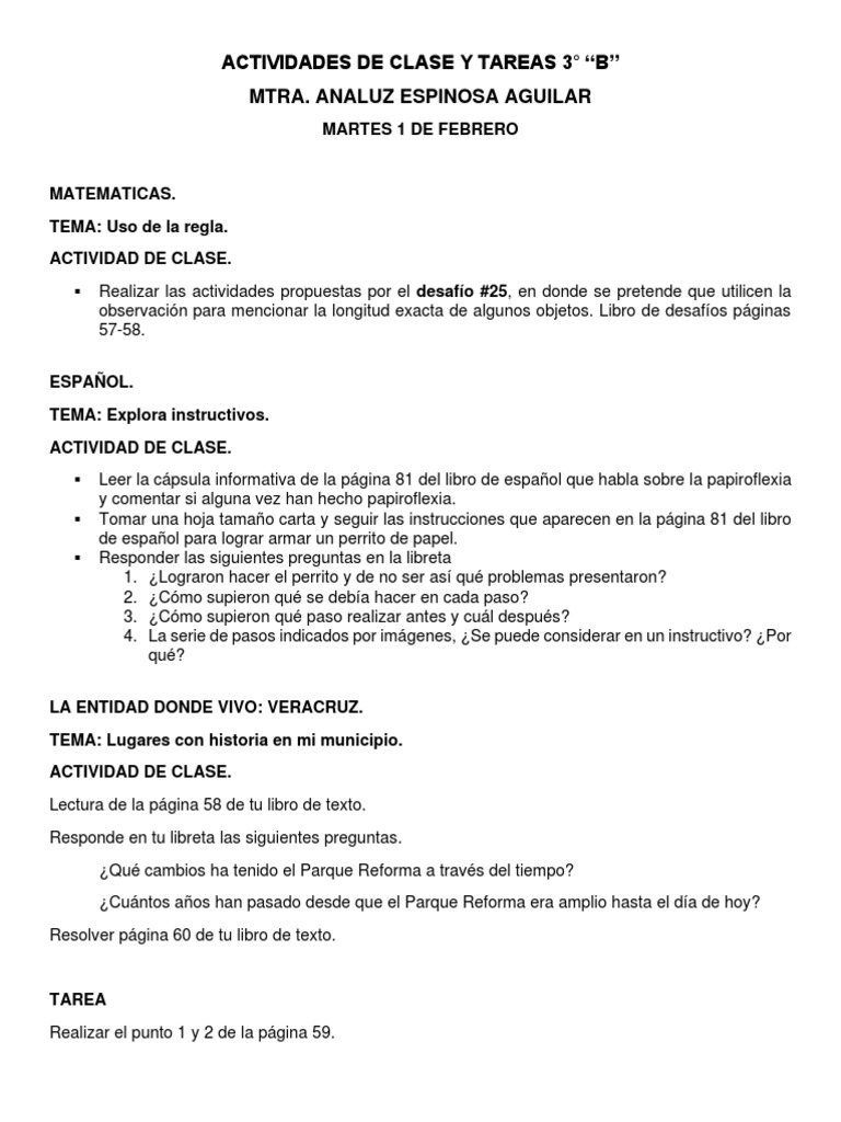 Actividades de Clase y Tareas 1 Febrero | PDF | Artes del Lenguaje y ...