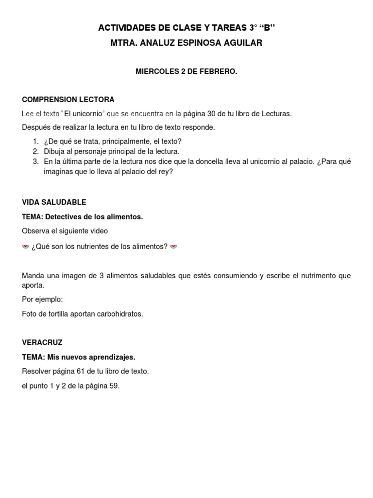 Actividades de Clase 3° "B" - Febrero | PDF