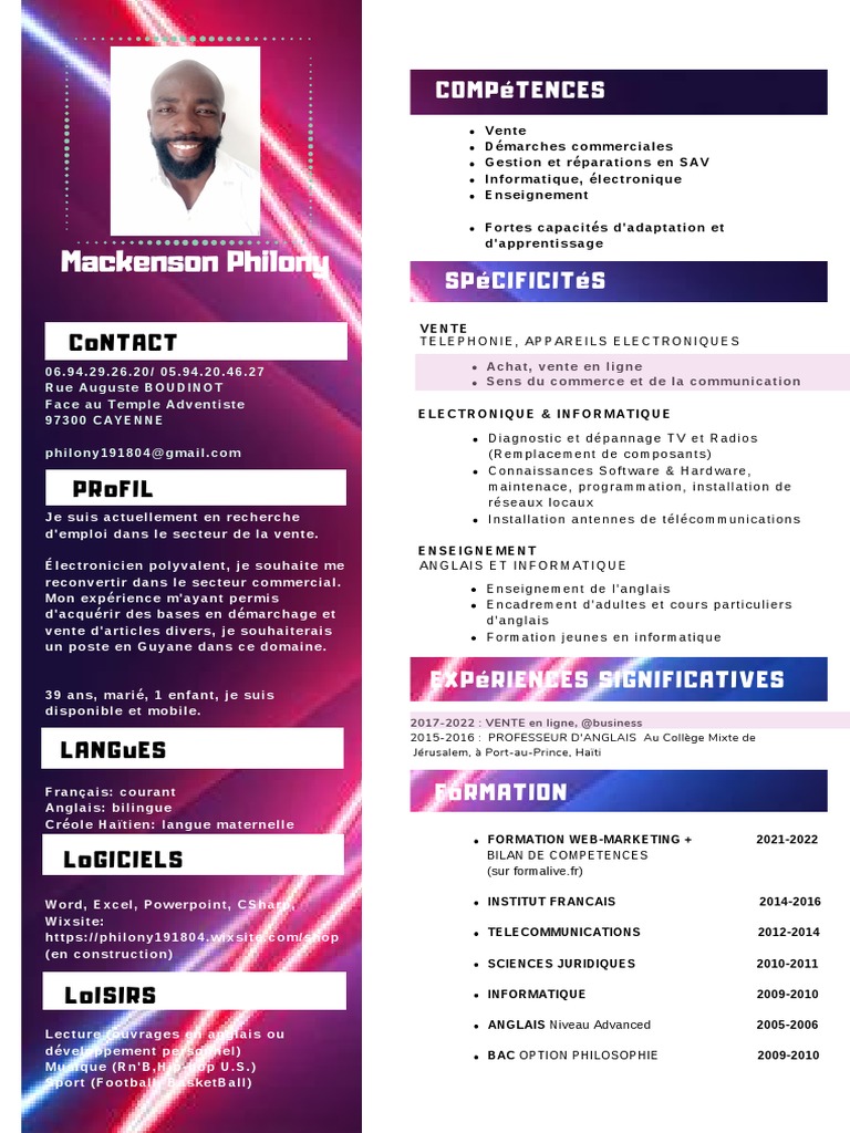 CV Mackenson PHILONY - Vente | PDF | Informatique | Langue anglaise