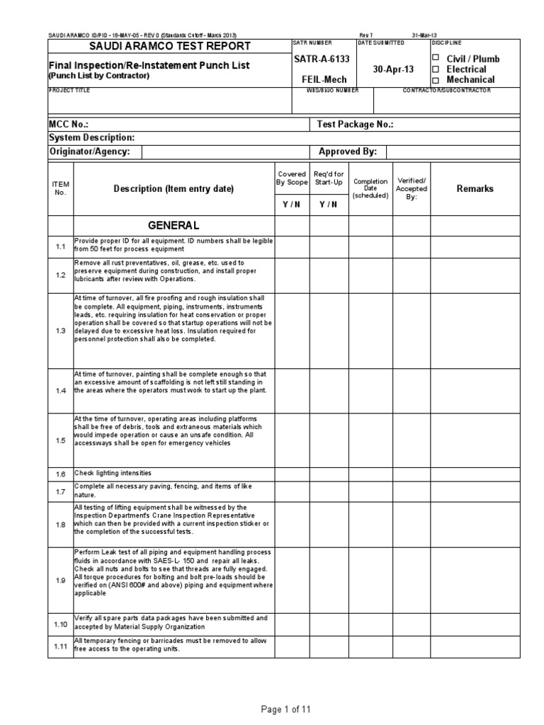 Final Punch List Inspection for Startup of New Process Systems | PDF ...