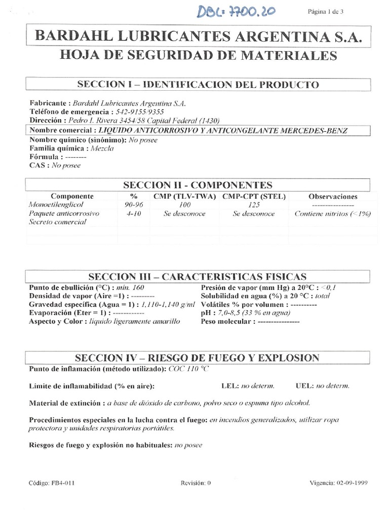 A0009890925 - MSDS - Liquido Anticongelante-Refrigerante Bardahl | PDF