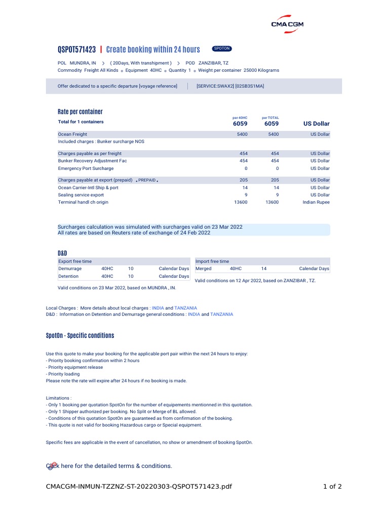 CMACGM-INMUN-TZZNZ-ST-20220303-QSPOT571423 | PDF | Cargo | Fee