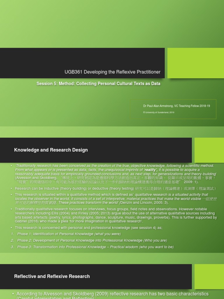 UGB361 Developing The Reflexive Practitioner: Session 5: Method: Collecting Personal Cultural ...